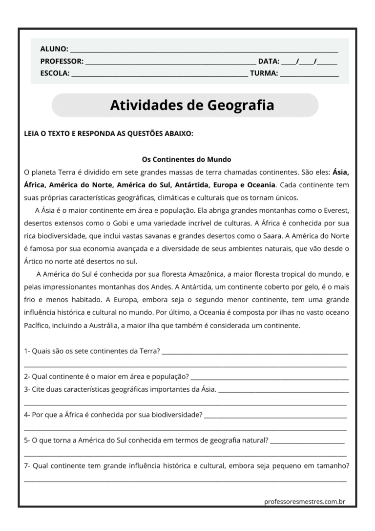 Atividades de Geografia Ensino Fundamental 6 ao 9 Ano em pdf Para Imprimir