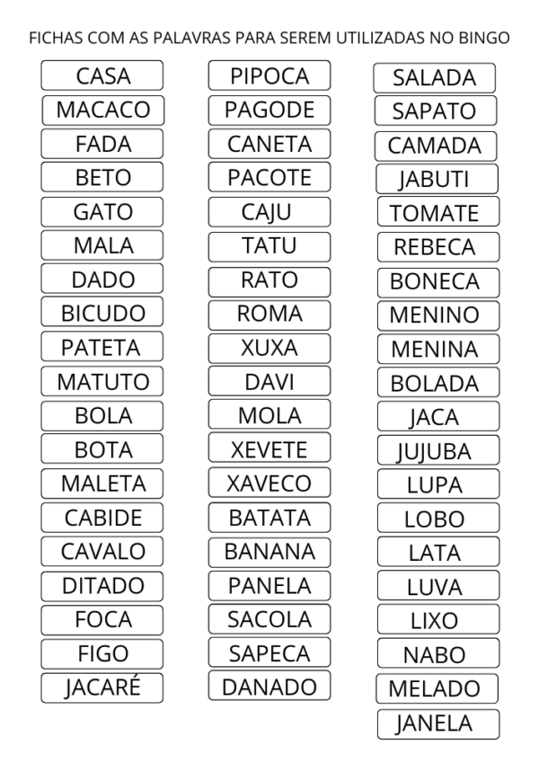 Bingo de Palavras Para Imprimir pdf