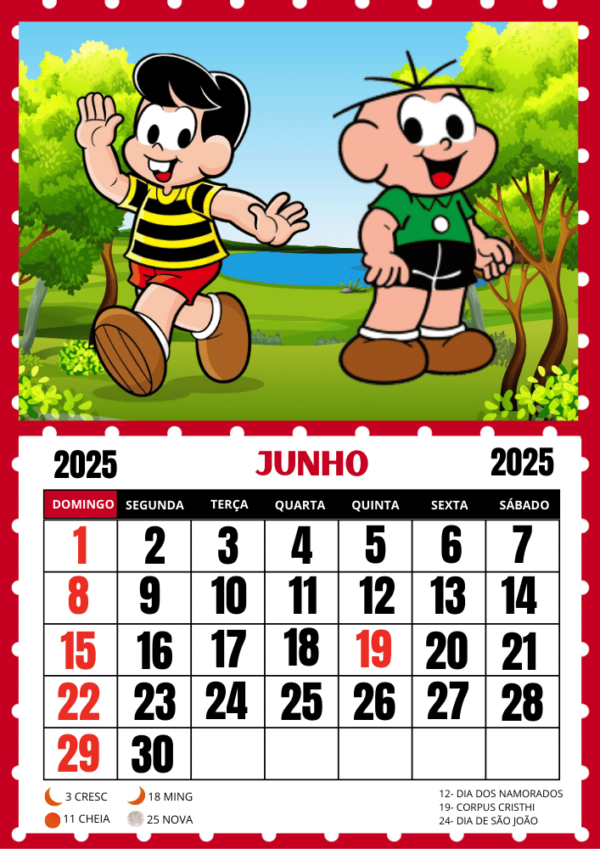Calendário Turma da Mônica 2025: Uma Folha Por Mês Para Imprimir