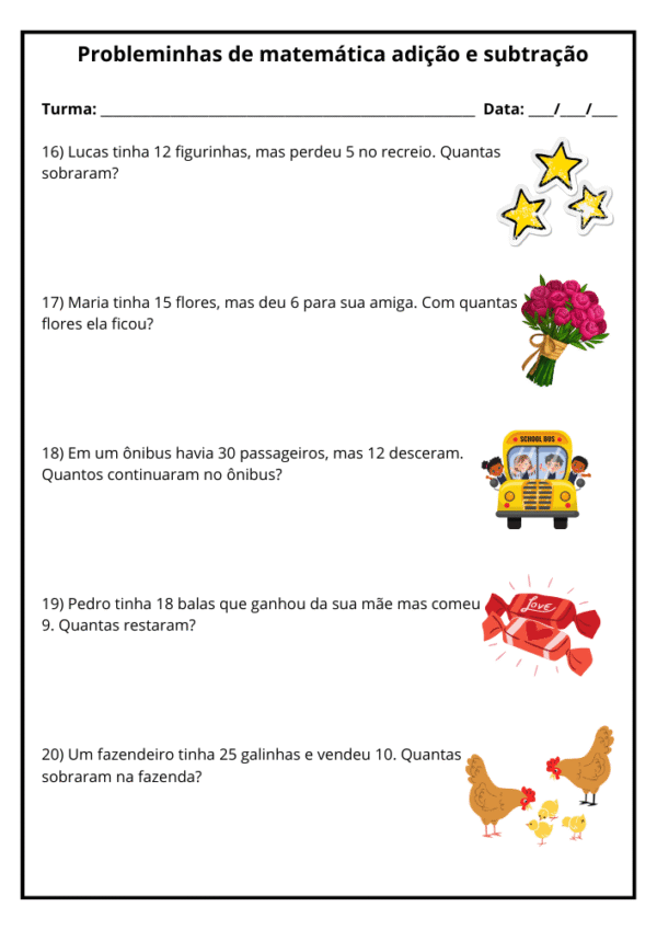 40 probleminhas de matematica 3 ano adição e subtração