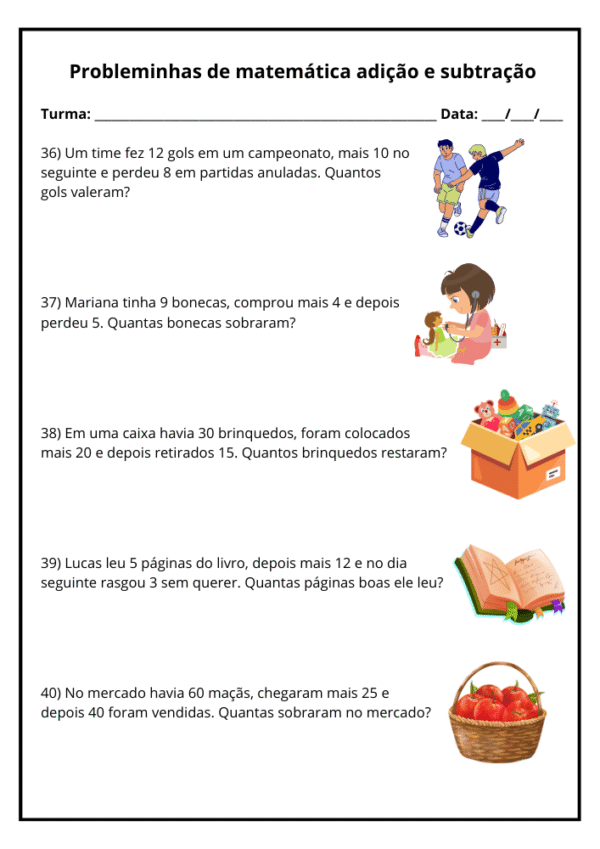 40 probleminhas de matematica 3 ano adição e subtração